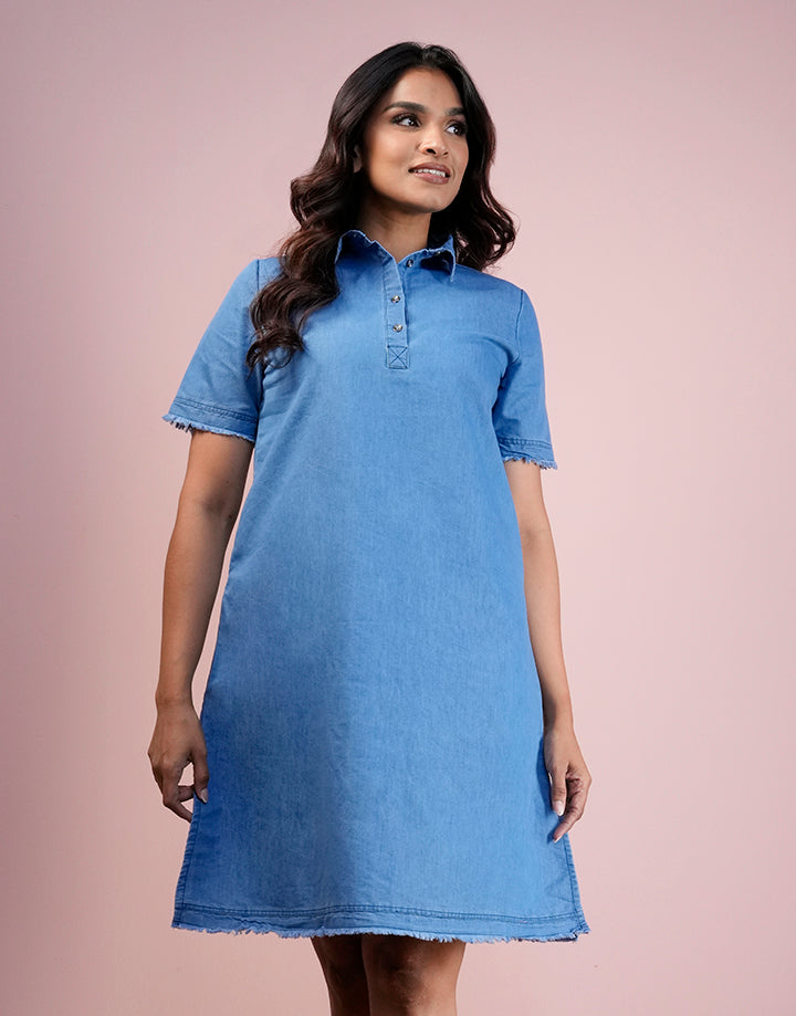 Raw Edge Detailed Chambray Dress – Spring & Summer