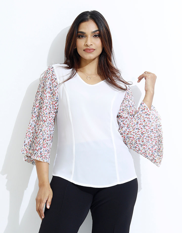 V-Neck Printed Pleated Sleeve Top – Spring & Summer