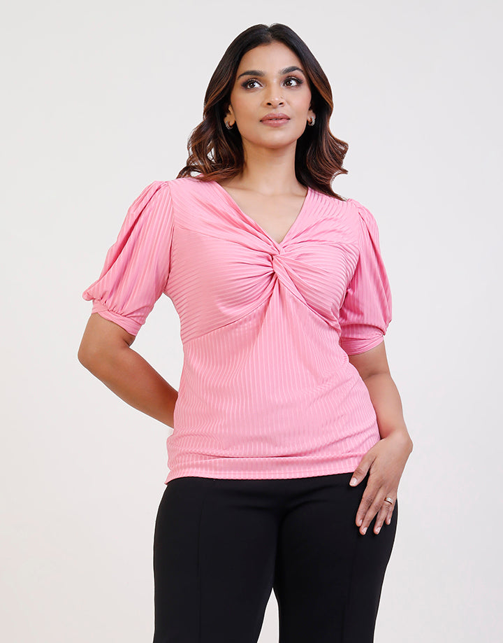Knot Front V-Neck Puff Sleeve Top – Spring & Summer