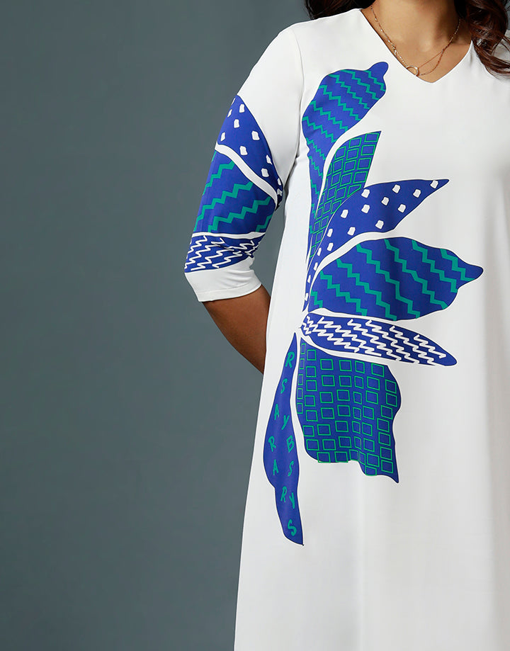 White 3/4 Sleeves Dress with Screen Print – Spring & Summer