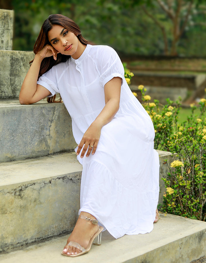White Tiered Midi Dress with Front Buttons – Spring & Summer